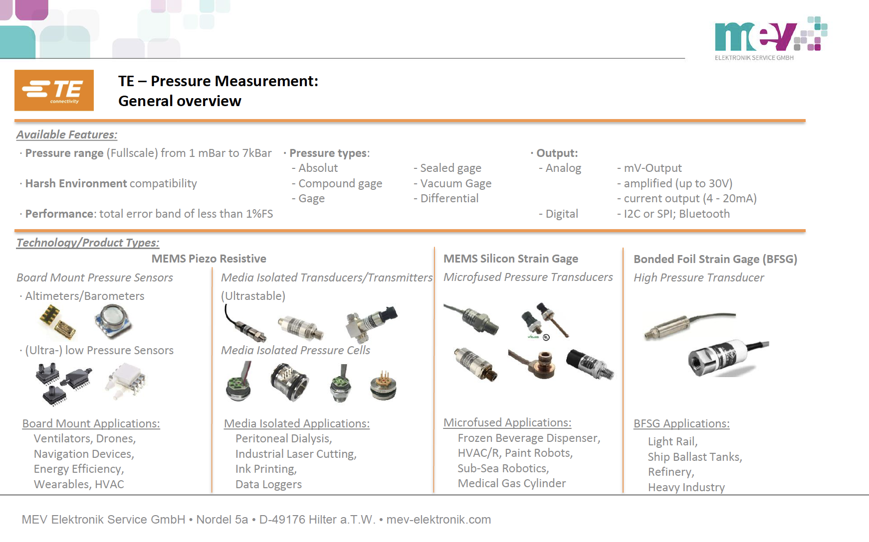 Drucksensoren von TE Connectivity - MEV Elektronik GmbH